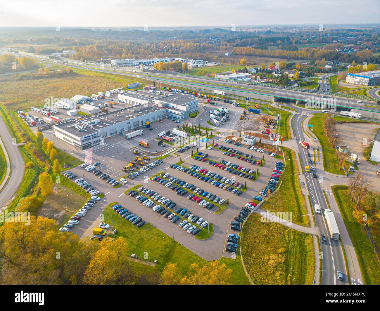 Aerial view of the logistics park with warehouse, loading hub and many ...