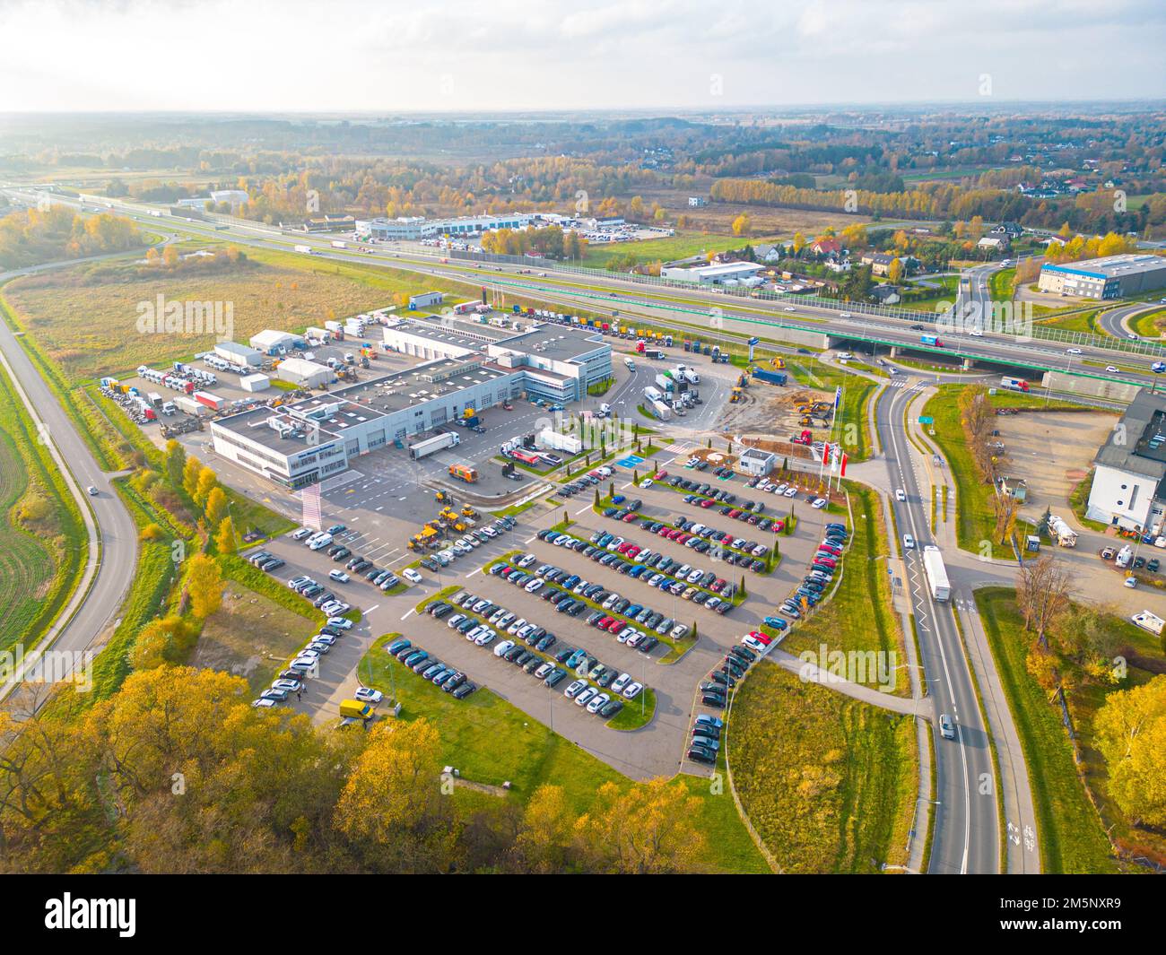 Aerial view of the logistics park with warehouse, loading hub and many ...