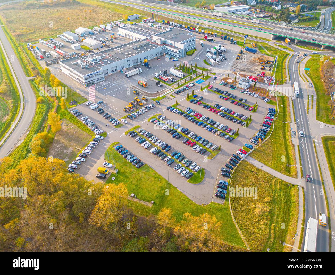 Aerial view of the logistics park with warehouse, loading hub and many ...