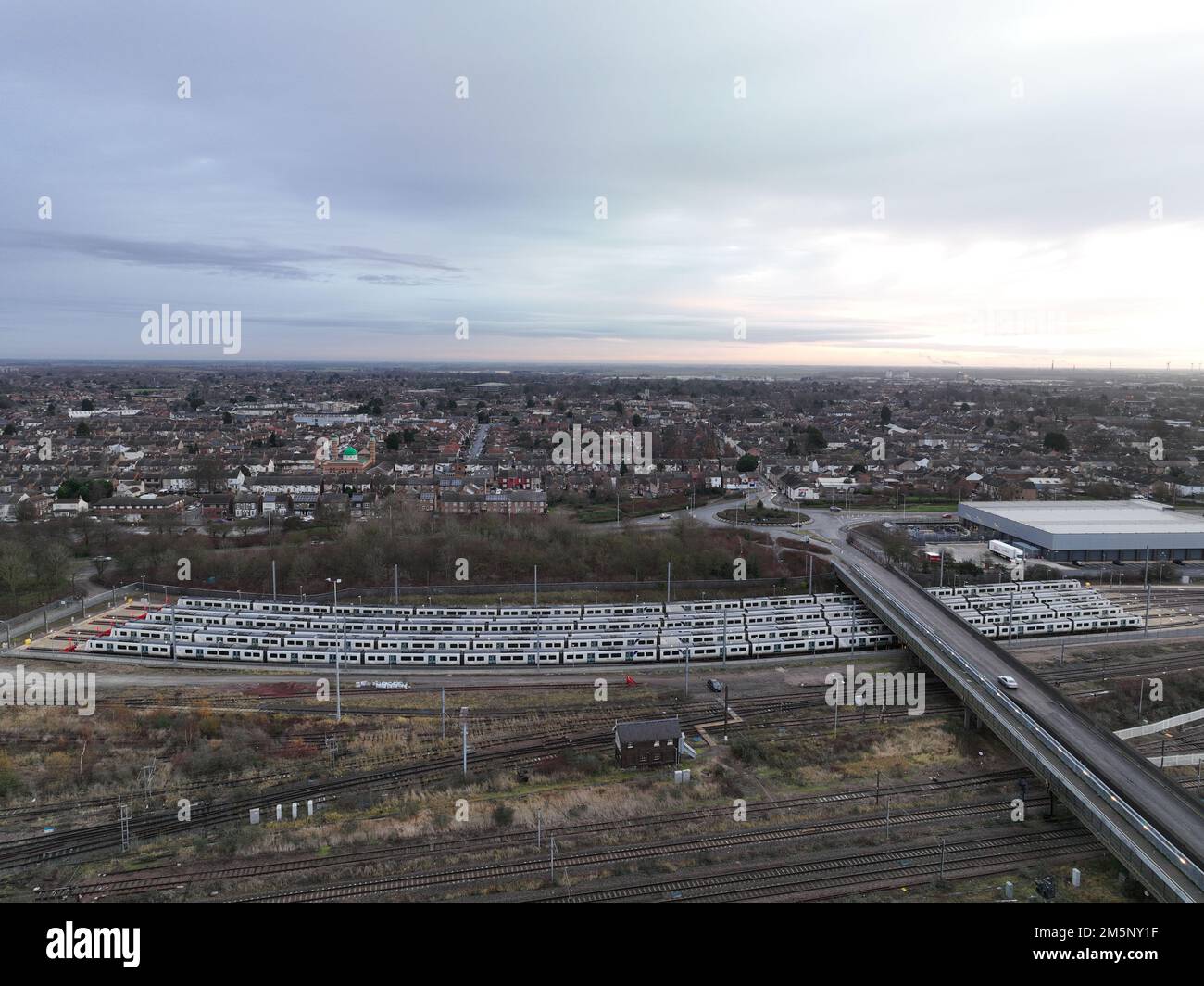 Trains are stationary in sidings in Peterborough, Cambs., before ...