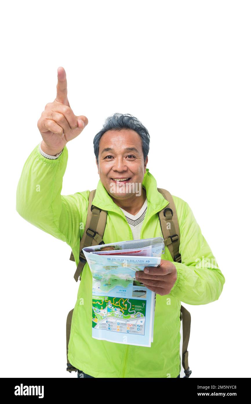 Happy in old people holding a map to the distance Stock Photo - Alamy