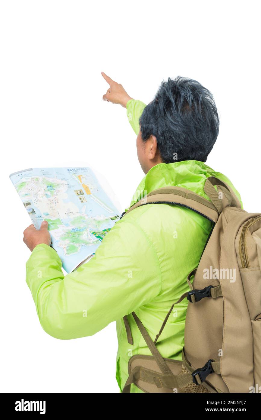Happy in old people holding a map to the distance Stock Photo - Alamy