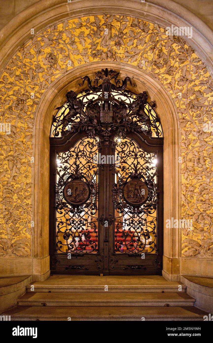 The golden-framed lattice gate to the Senate Staircase, City Hall ...