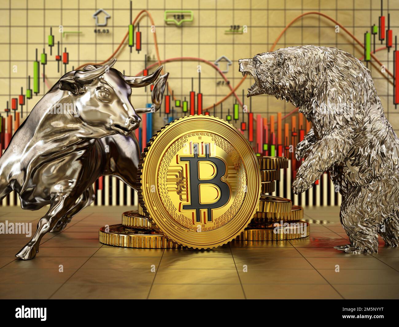 Silver bull and bear standing near generic Bitcoin cryptocurrencies ...