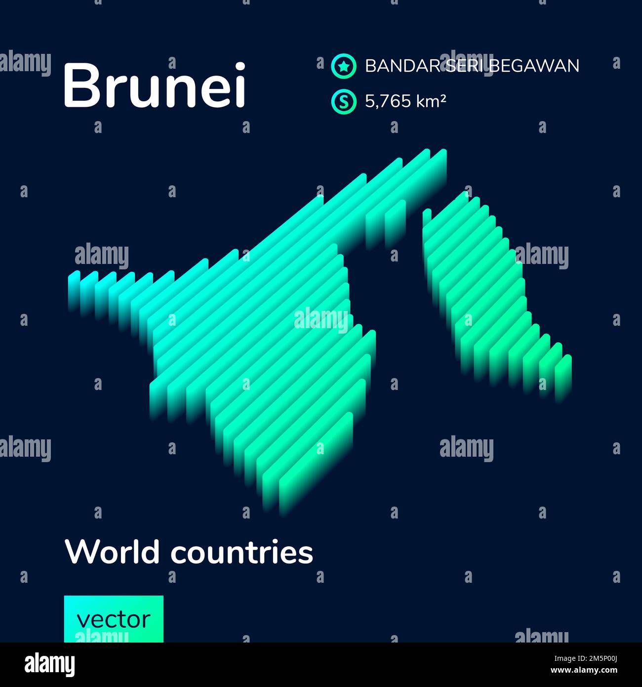 Stylized striped isometric neon vector Brunei map with 3d effect. Map ...