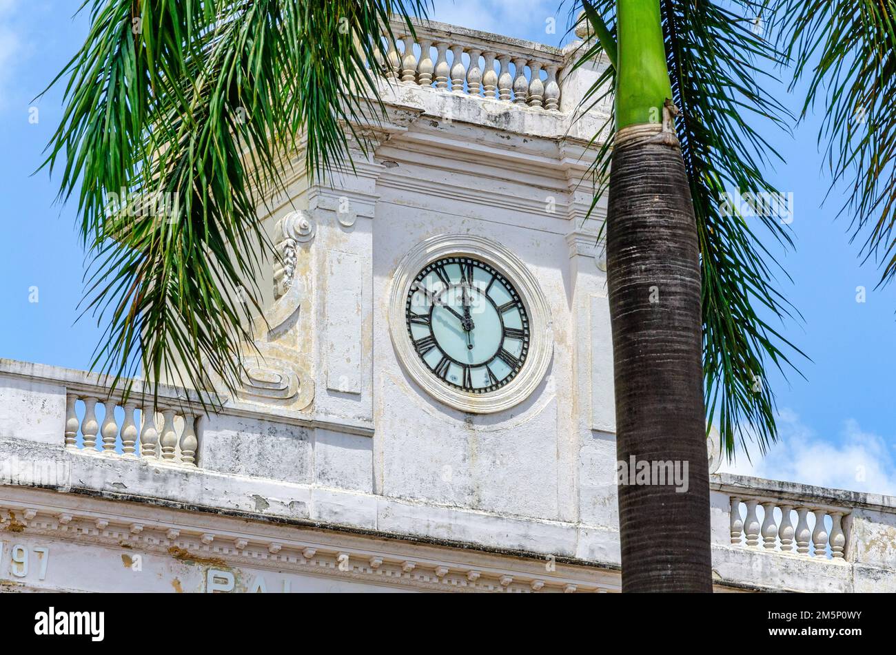 The clock tower of the former Municipal Palace is framed in a royal ...