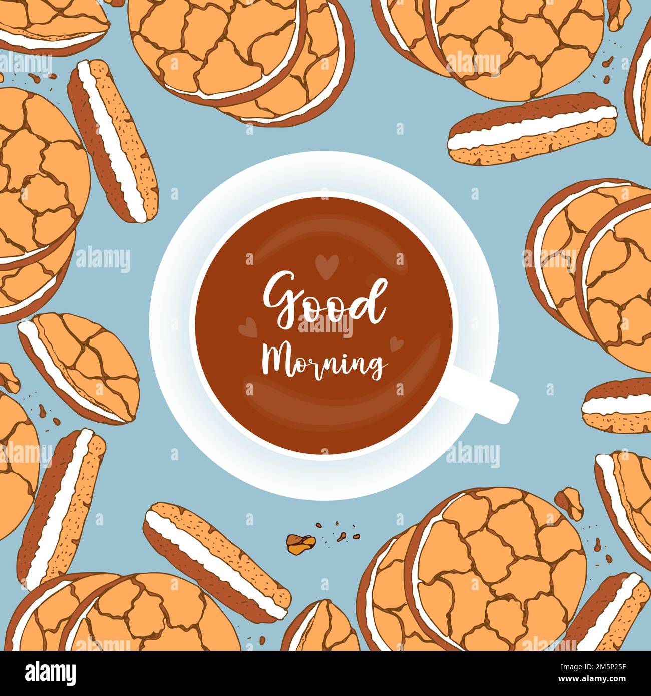 Good Morning card with coffee and cookie hand drawn doodle. Vector ...