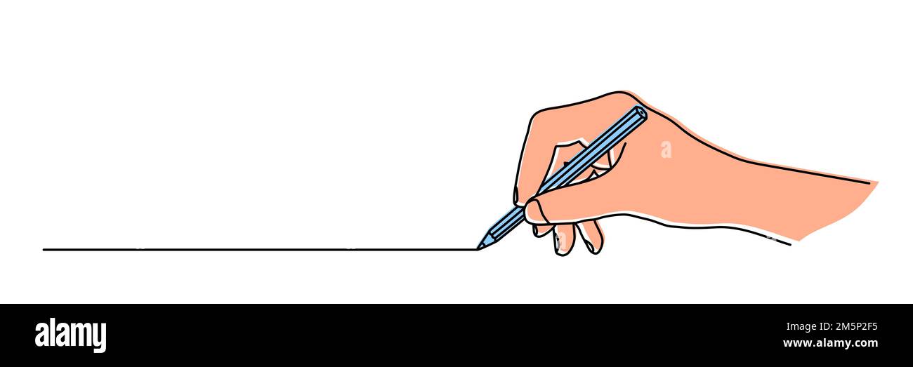 Hand holding a pencil and drawing a line, isolated on white background ...