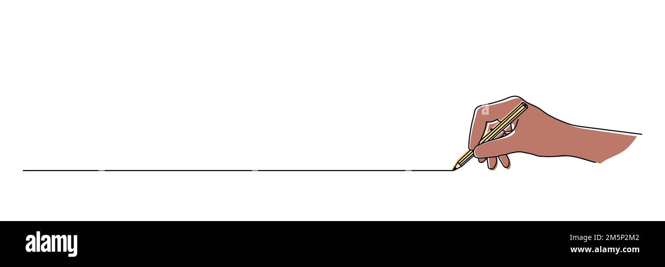 Hand holding a pencil and drawing a line, isolated on white background ...