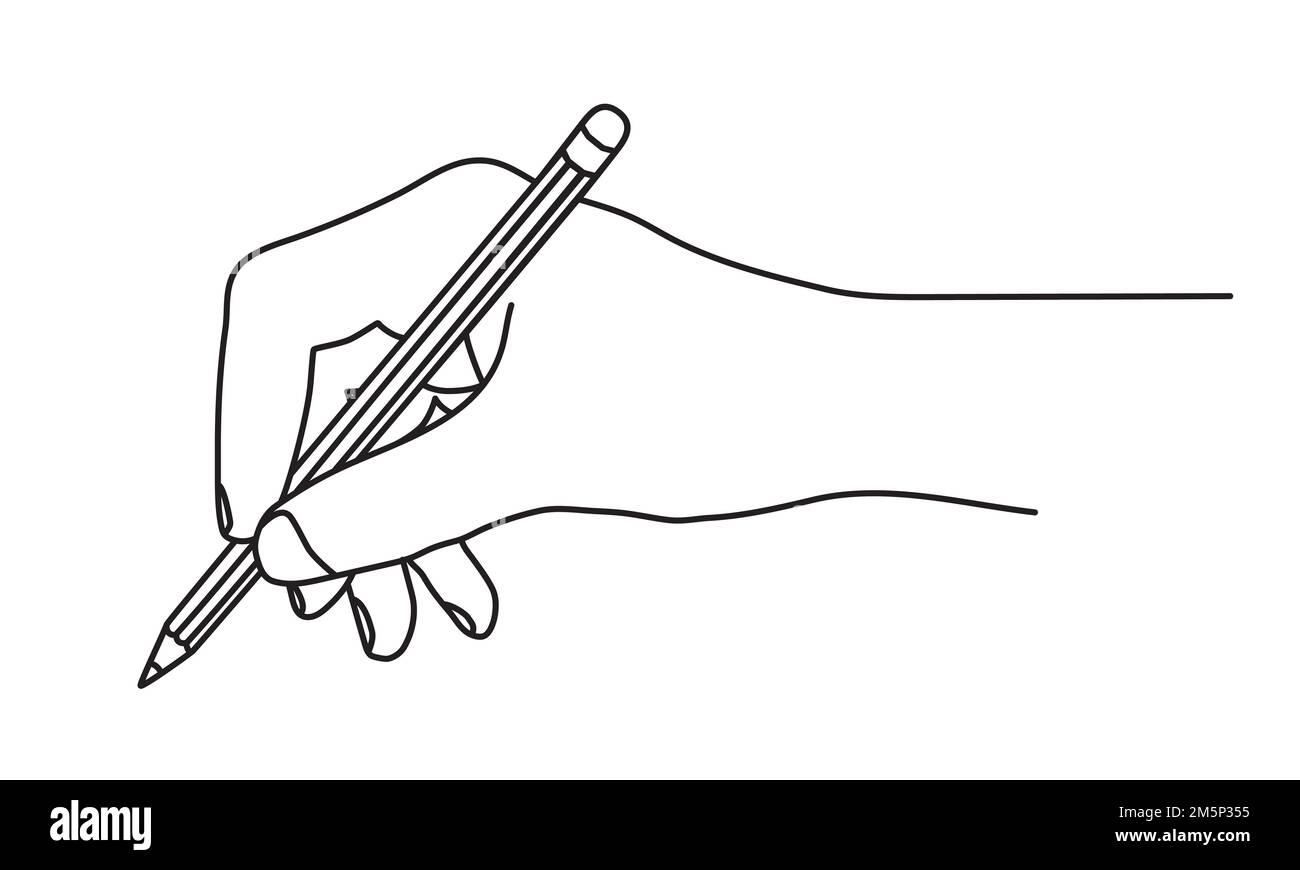 Hand holding a pencil, writing or drawing isolated on white background ...