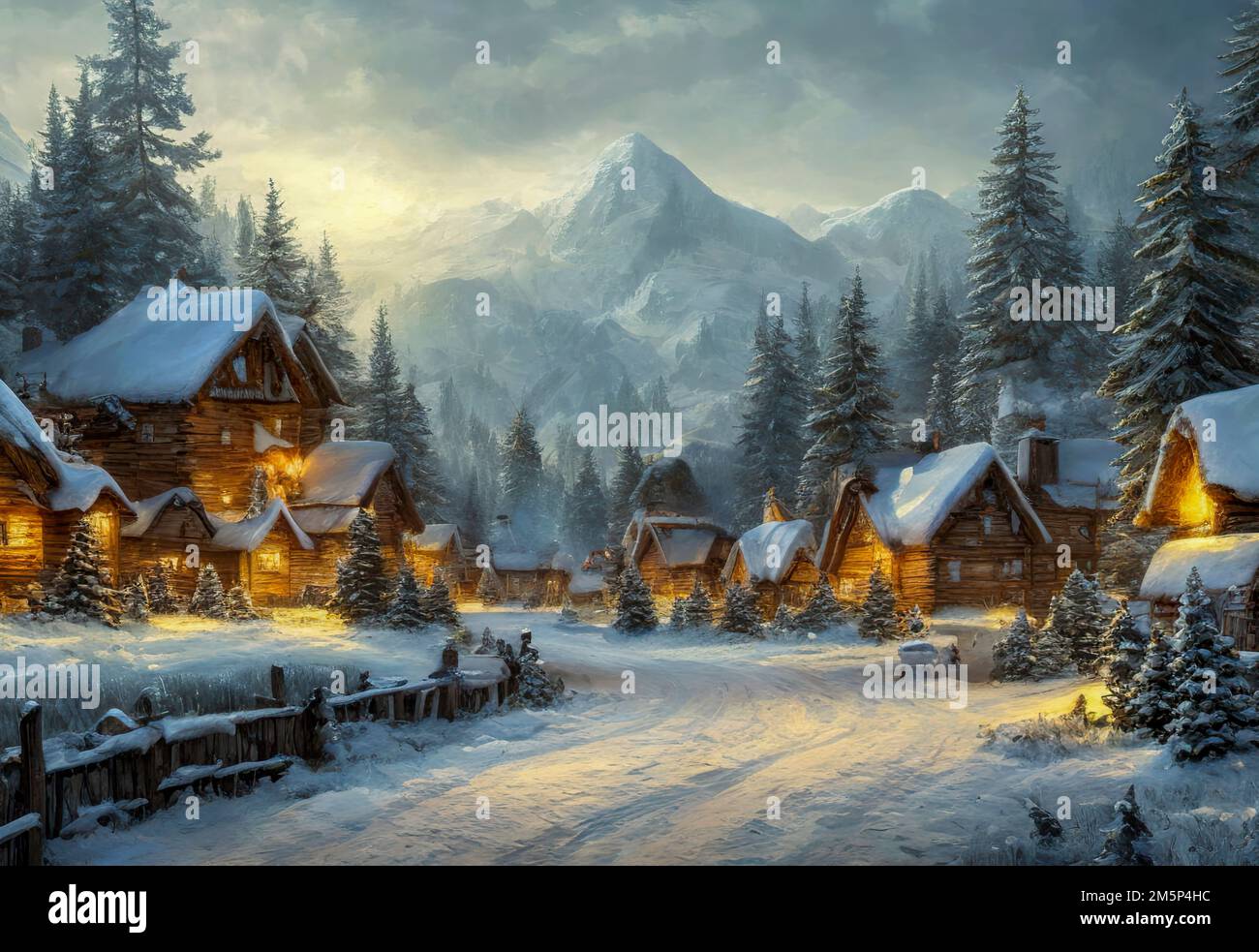 Winter town with mountains landscape. village with Snow in vintage ...