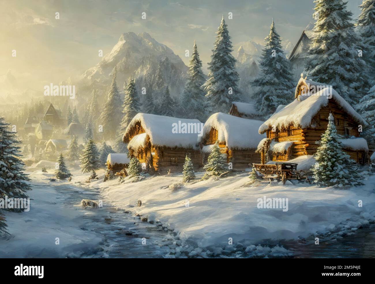 Winter town with mountains landscape. village with Snow in vintage ...