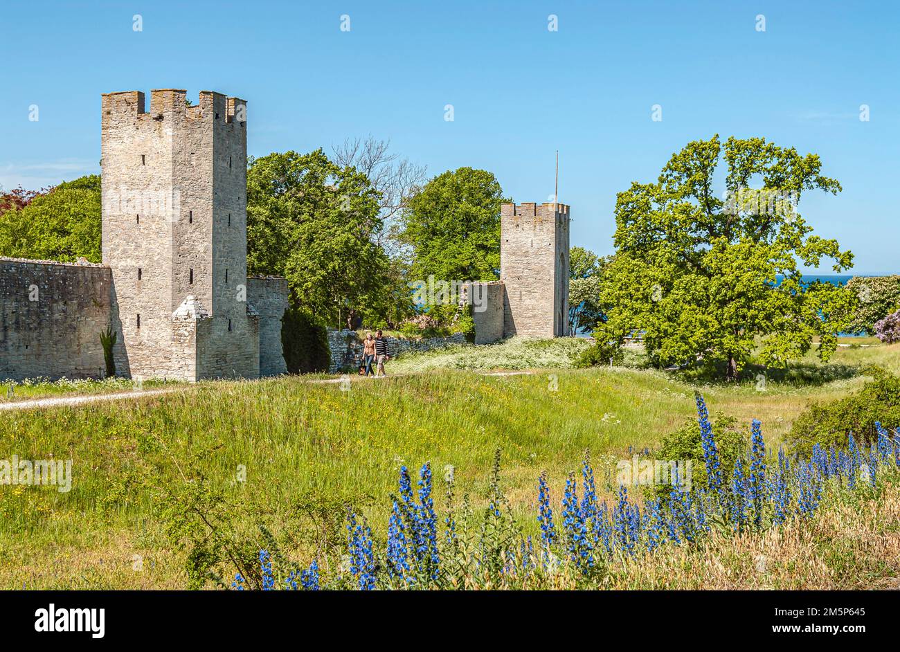 View along the historicl City Walls in Visby on Gotland Island, Sweden ...
