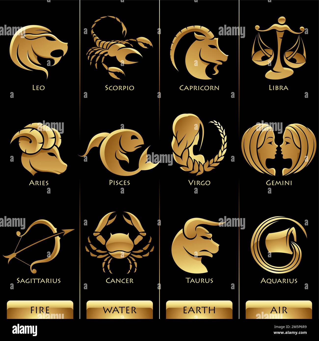 Golden Zodiac Star Signs on a Black Background Stock Photo - Alamy