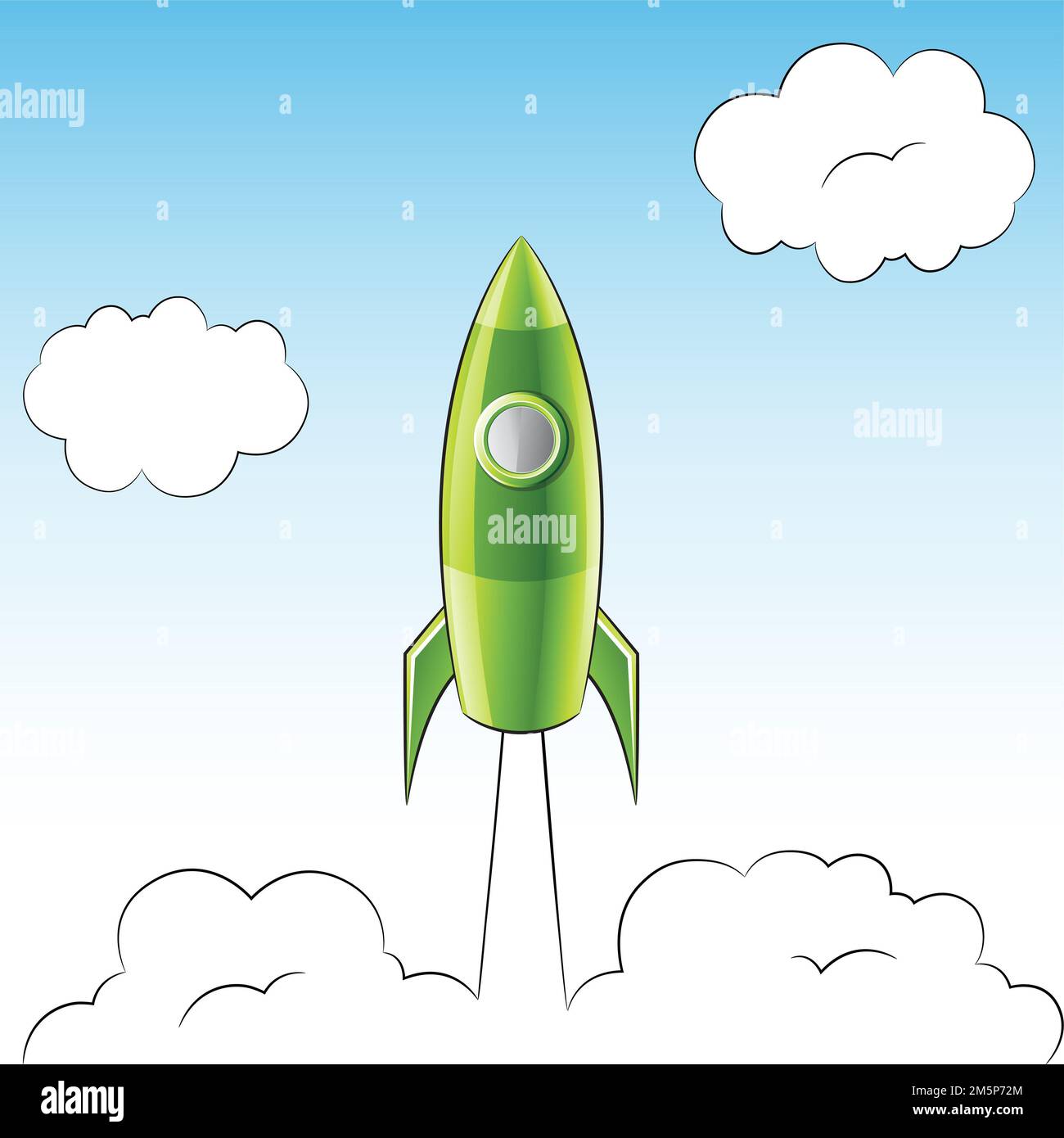 Illustration of a Launching Green Rocket Over a Cloudy Sky Stock Photo ...