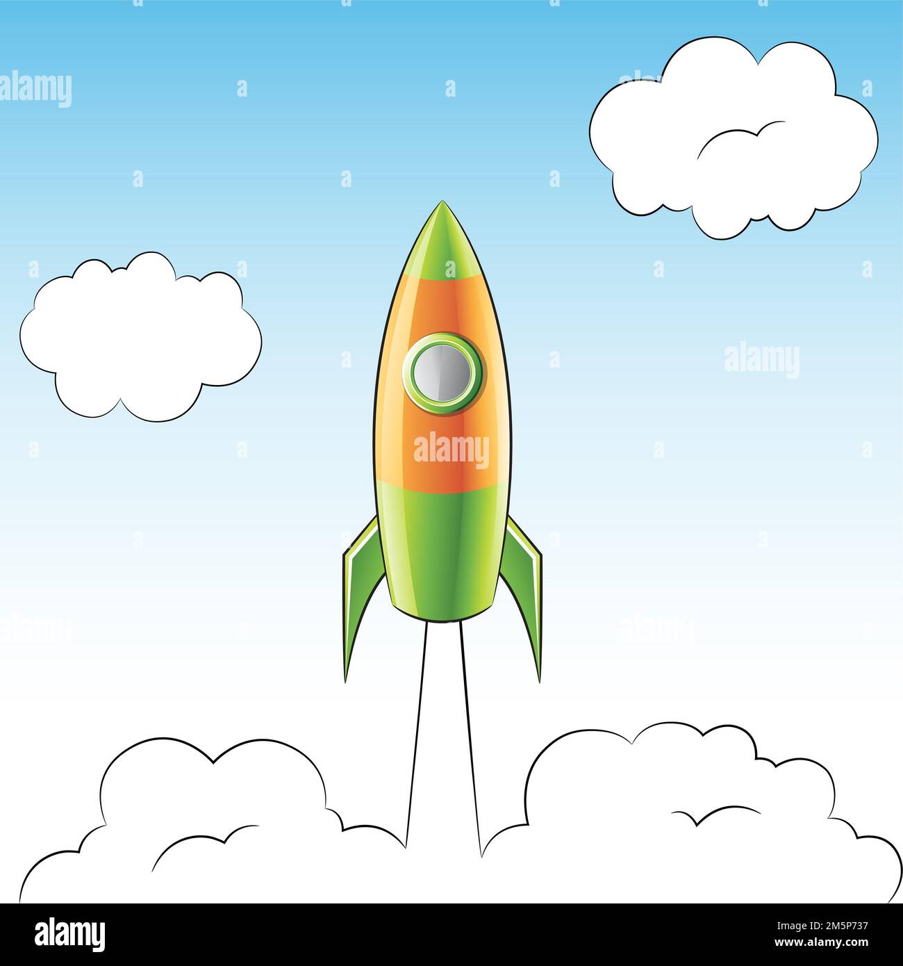 Illustration of a Launching Green and Yellow Rocket Over a Cloudy Sky ...