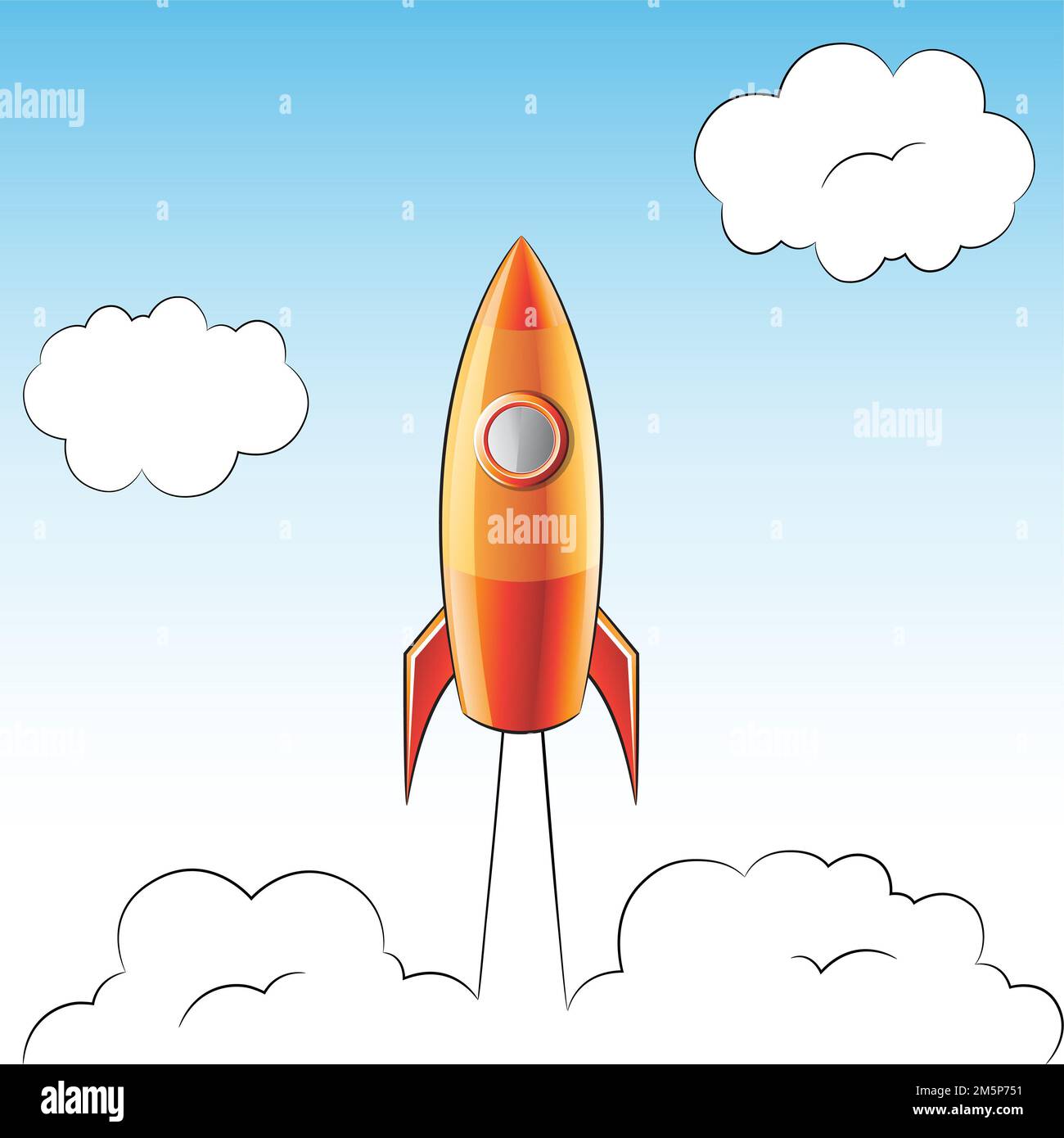 Illustration of a Launching Orange and Yellow Rocket Over a Cloudy Sky ...