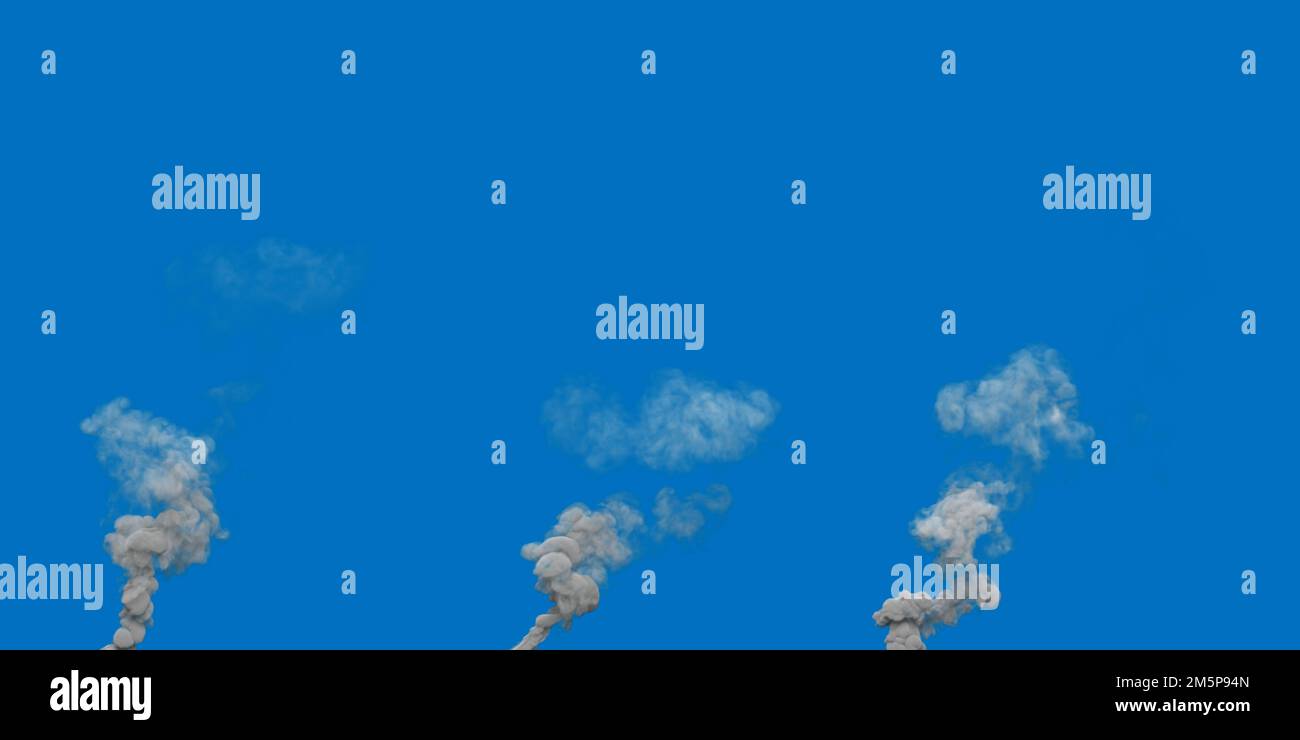 3 grey carbon smoke columns from factory on blue, isolated - industrial ...