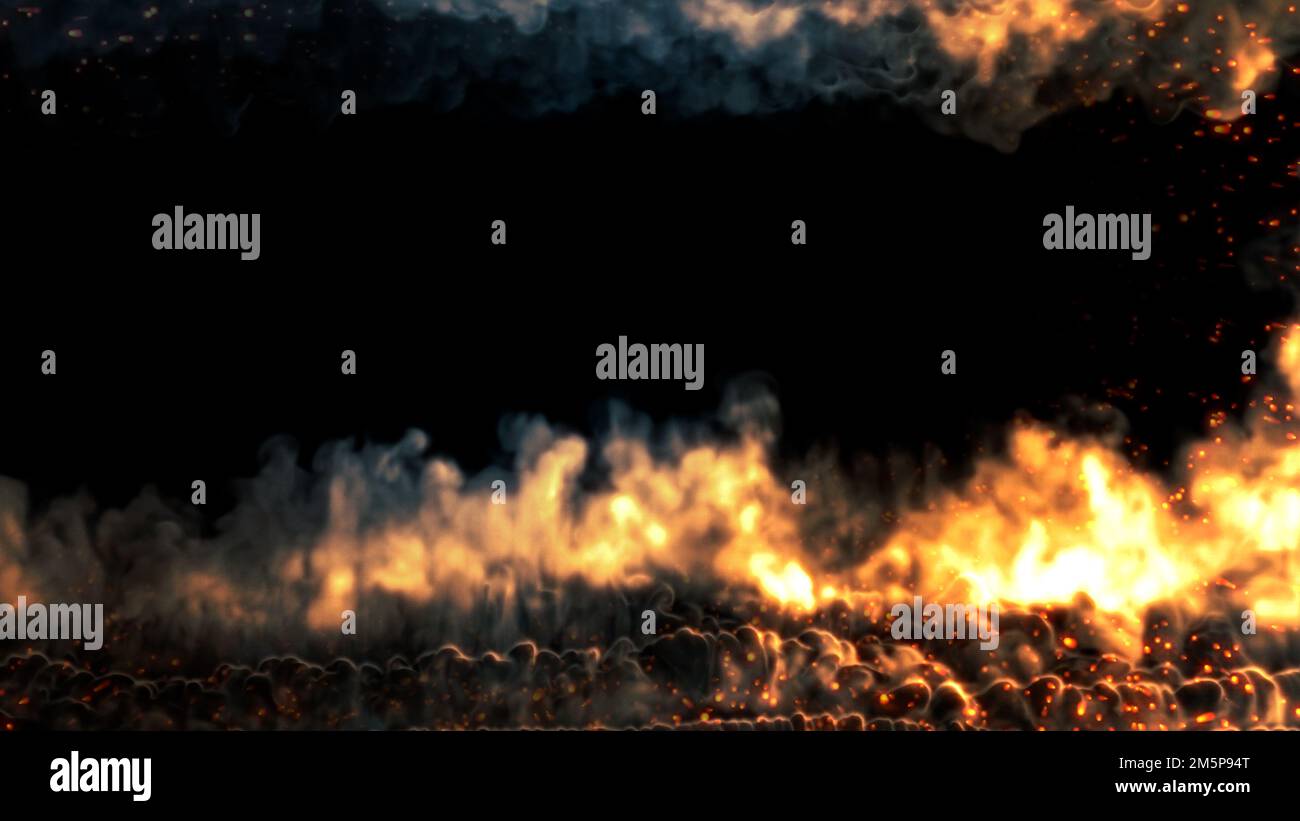 Square screen frame of blazing smoke with fire and sparks - abstract 3D ...