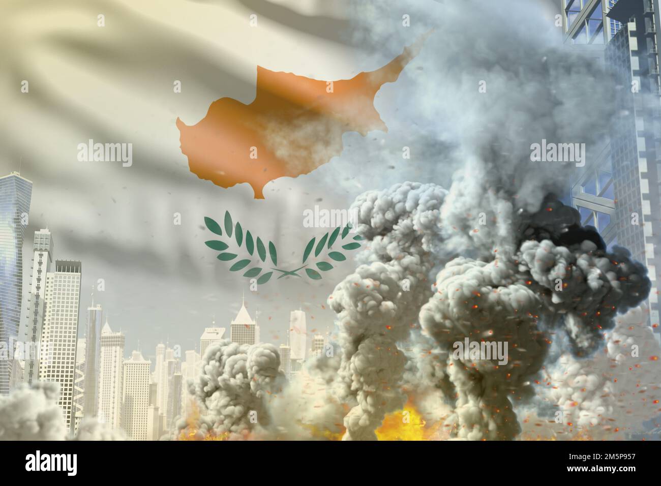 big smoke column with fire in abstract city - concept of industrial ...