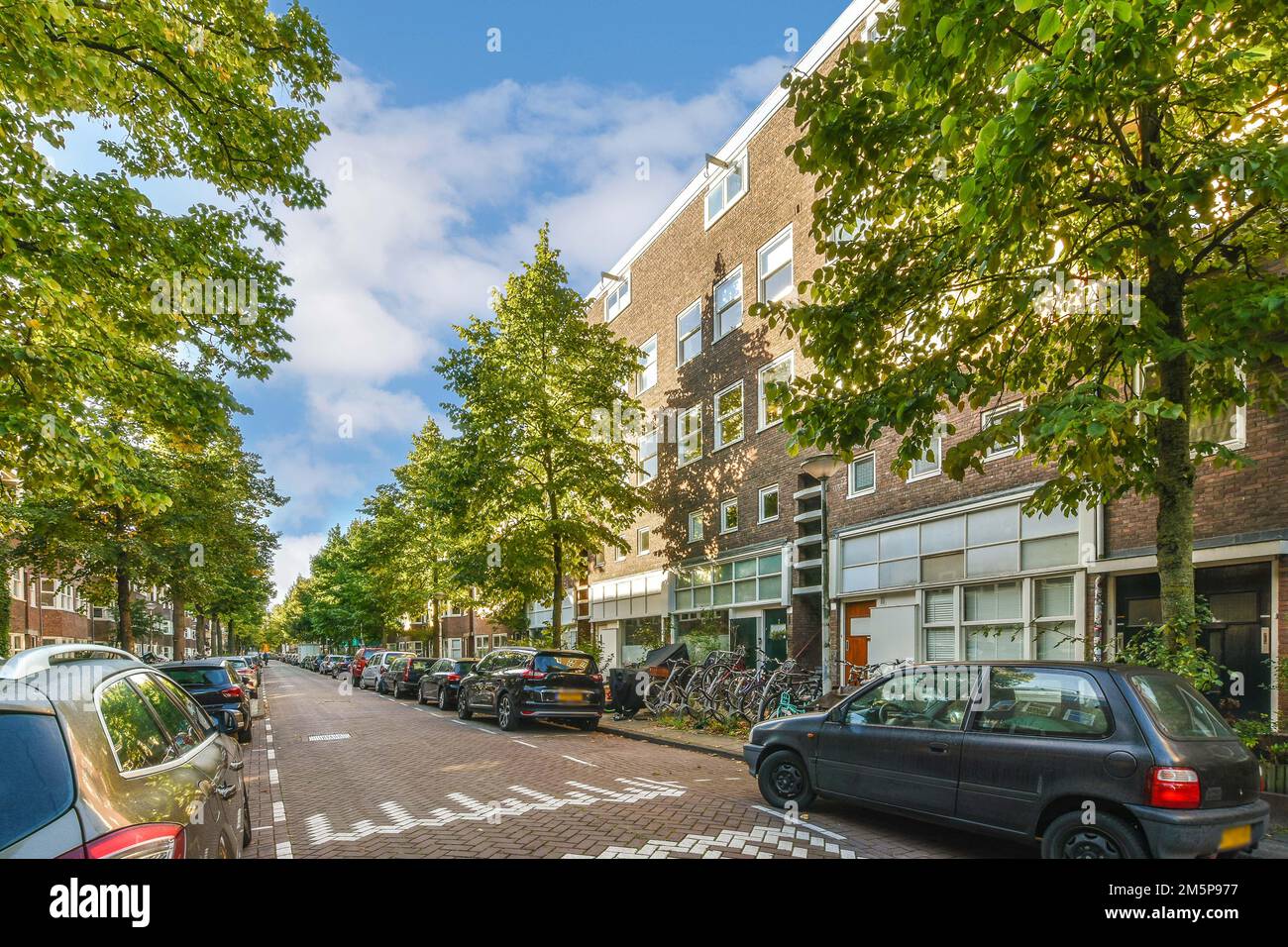 a street with cars parked on the side and buildings in the back ground ...