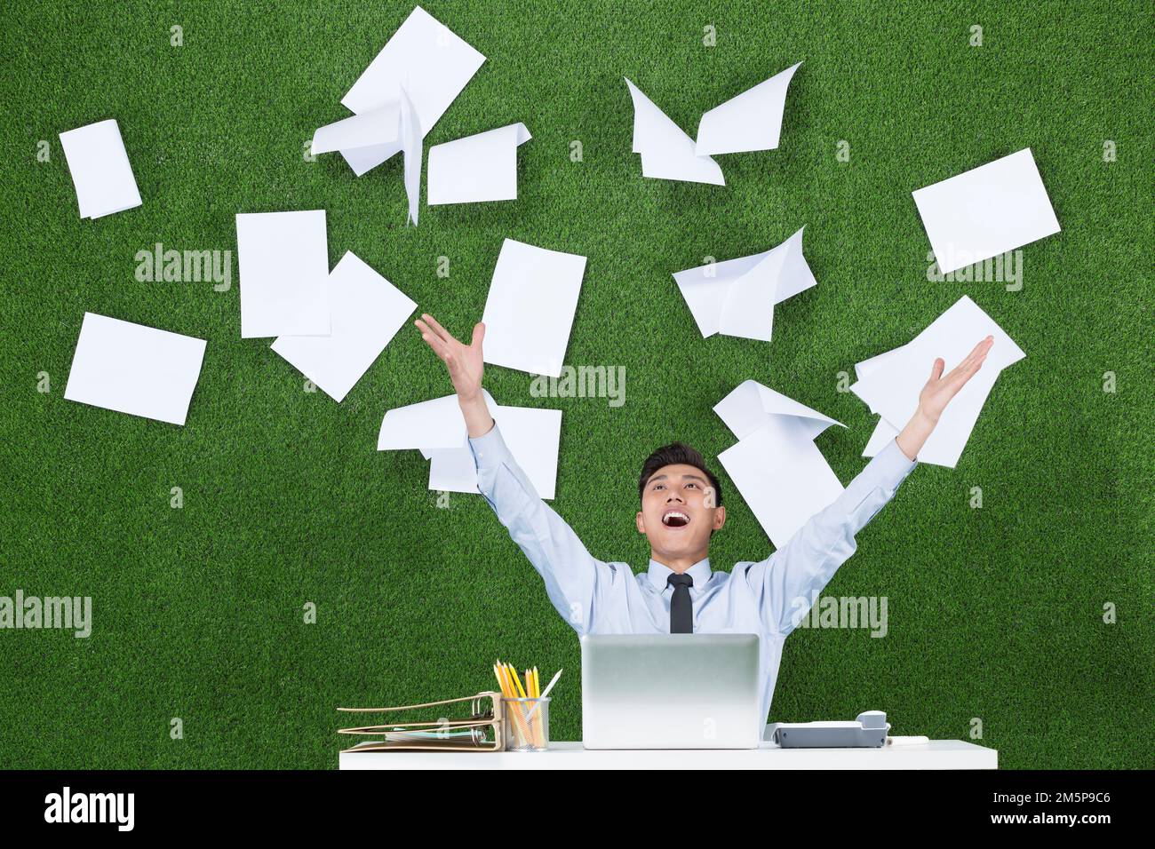 The grass business men throw paper into the air Stock Photo - Alamy