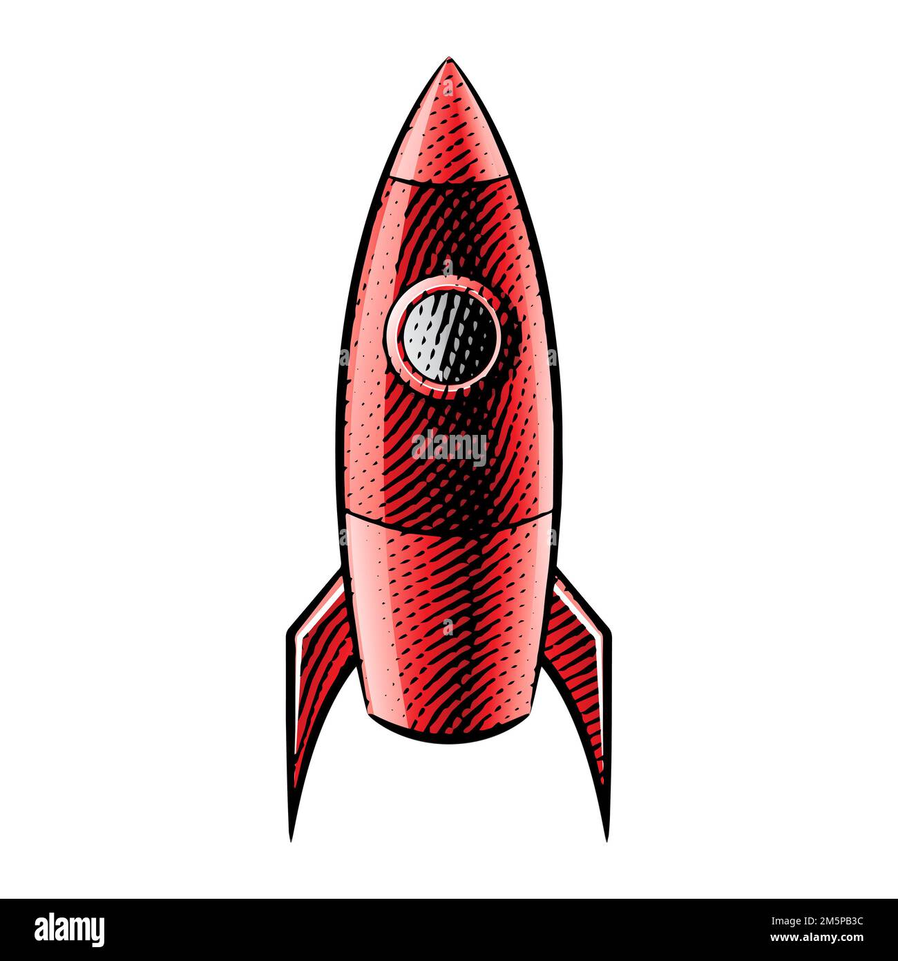 Scratchboard Engraved Illustration of a Rocket with Red Fill isolated ...