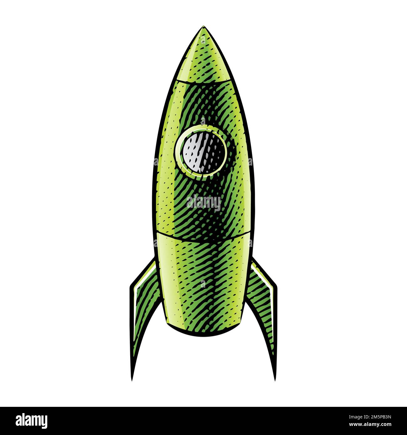 Scratchboard Engraved Illustration of a Rocket with Green Fill isolated ...