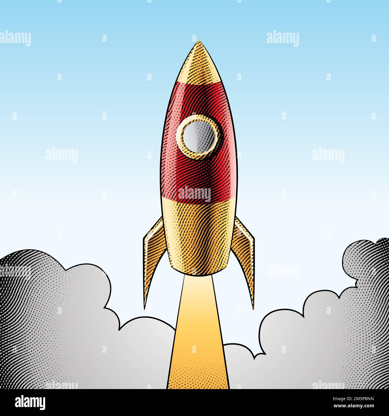 Illustration of Scratchboard Engraved Rocket Launching Over a Blue Sky ...