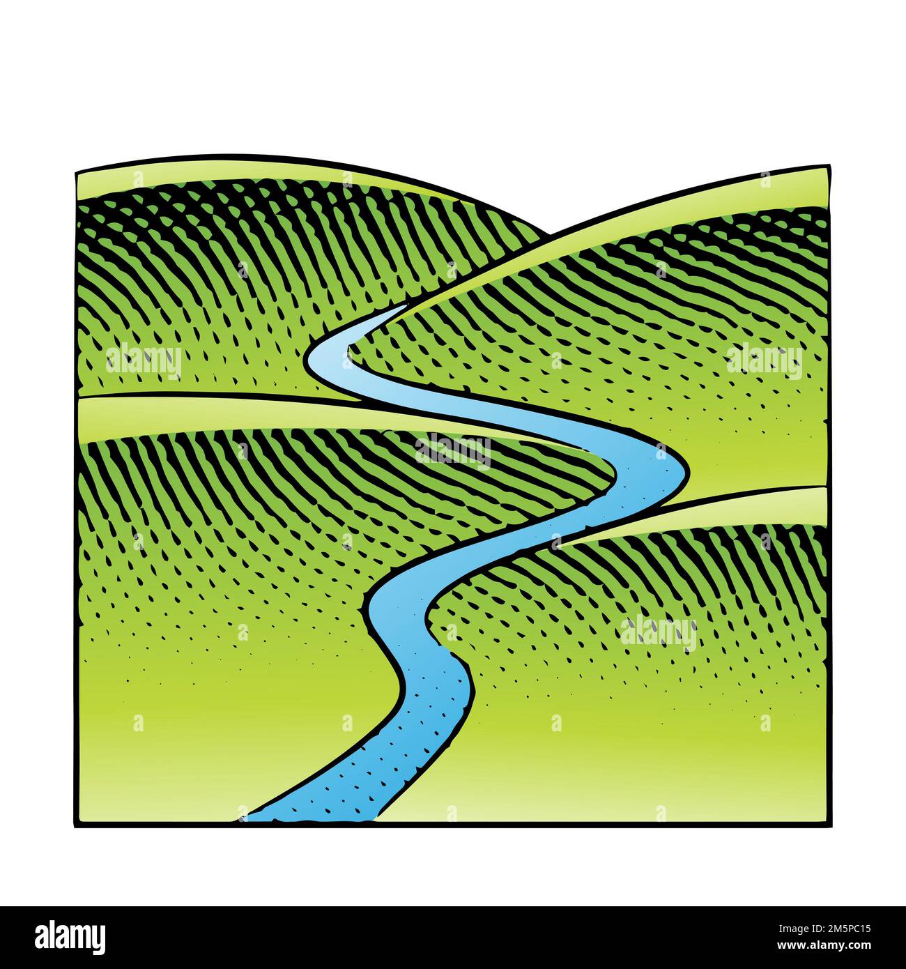 Scratchboard Engraving of Hills and River with Colorful Fill isolated ...