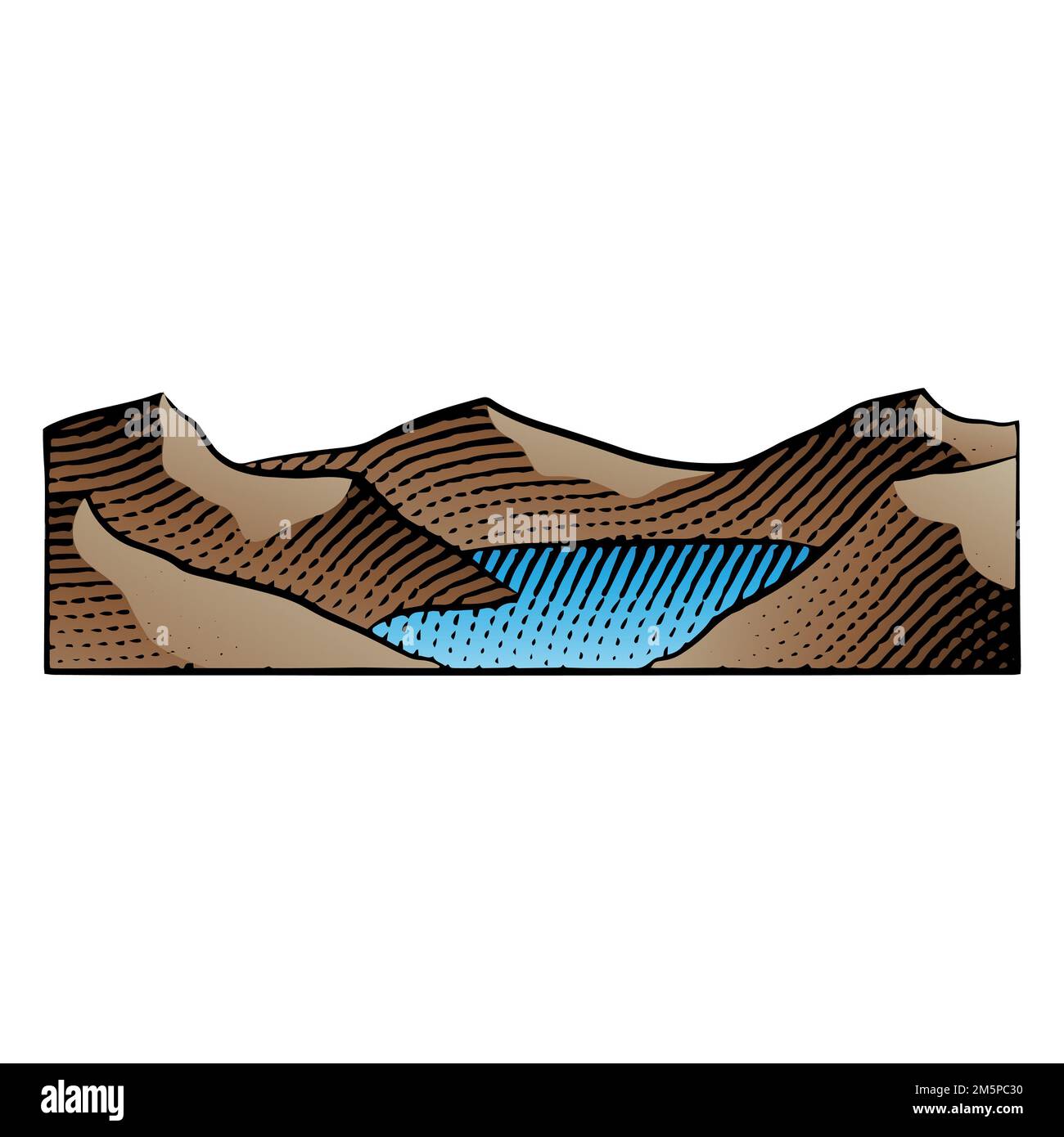 Scratchboard Engraving of Mountain Lake with Colorful Fill isolated on ...