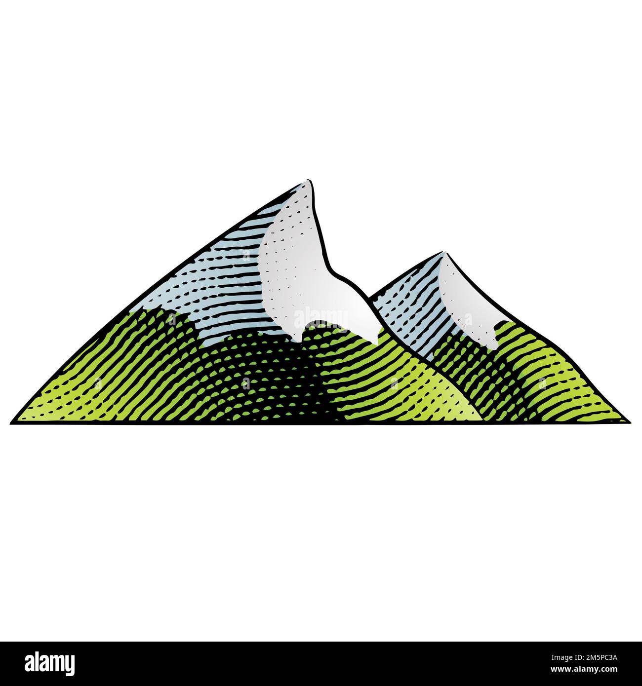 Scratchboard Engraving of Mountains with Colorful Fill isolated on a ...
