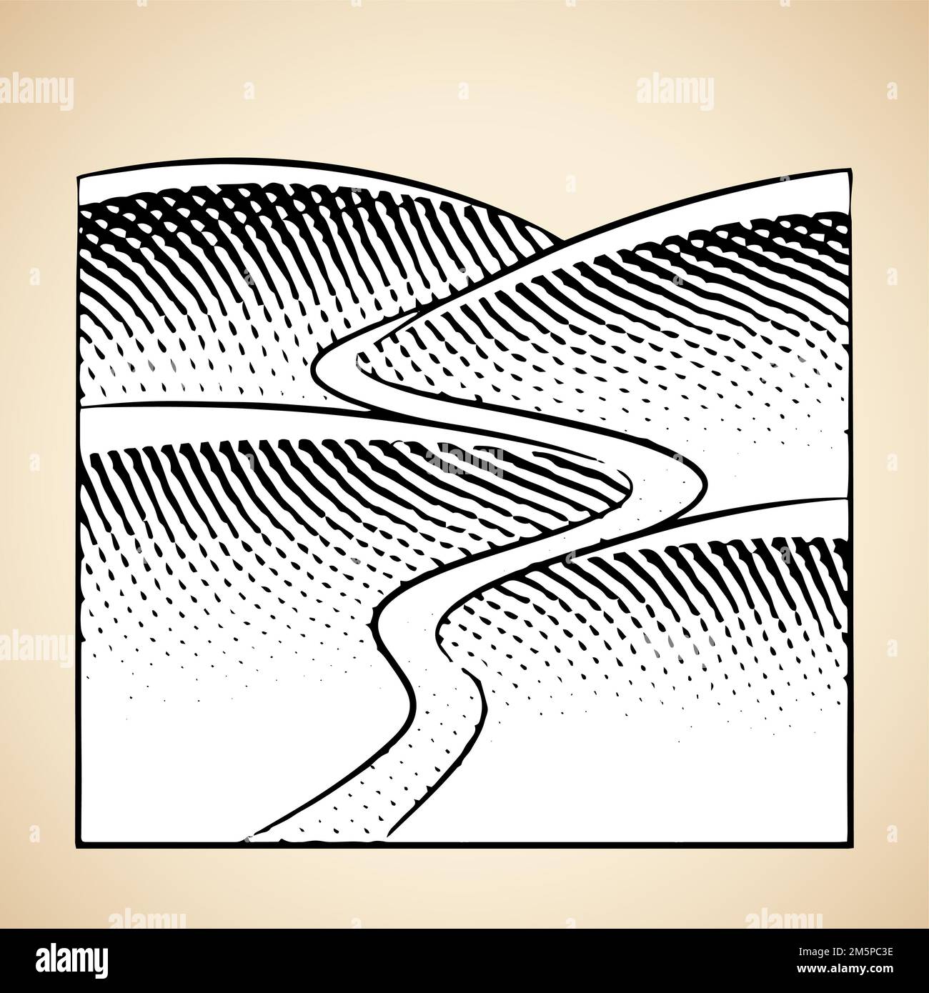 Scratchboard Engraving of Hills and River with White Fill isolated on a ...