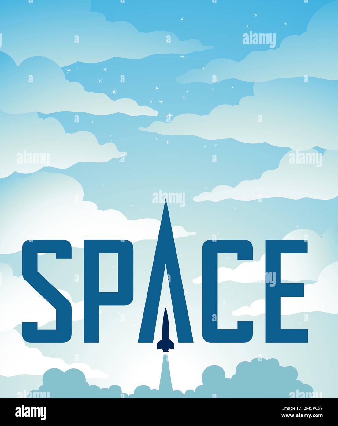 Illustration of Space Poster of a Rocket Launch Over a Light Blue ...