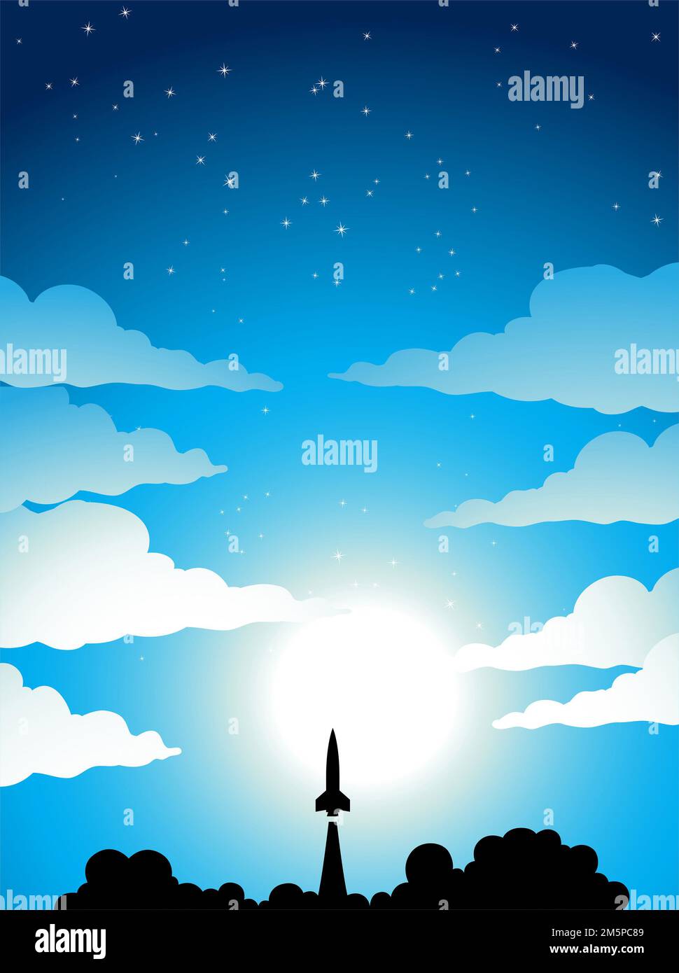 Illustration of Space Poster of Rocket Launch Silhouette Over a Blue ...