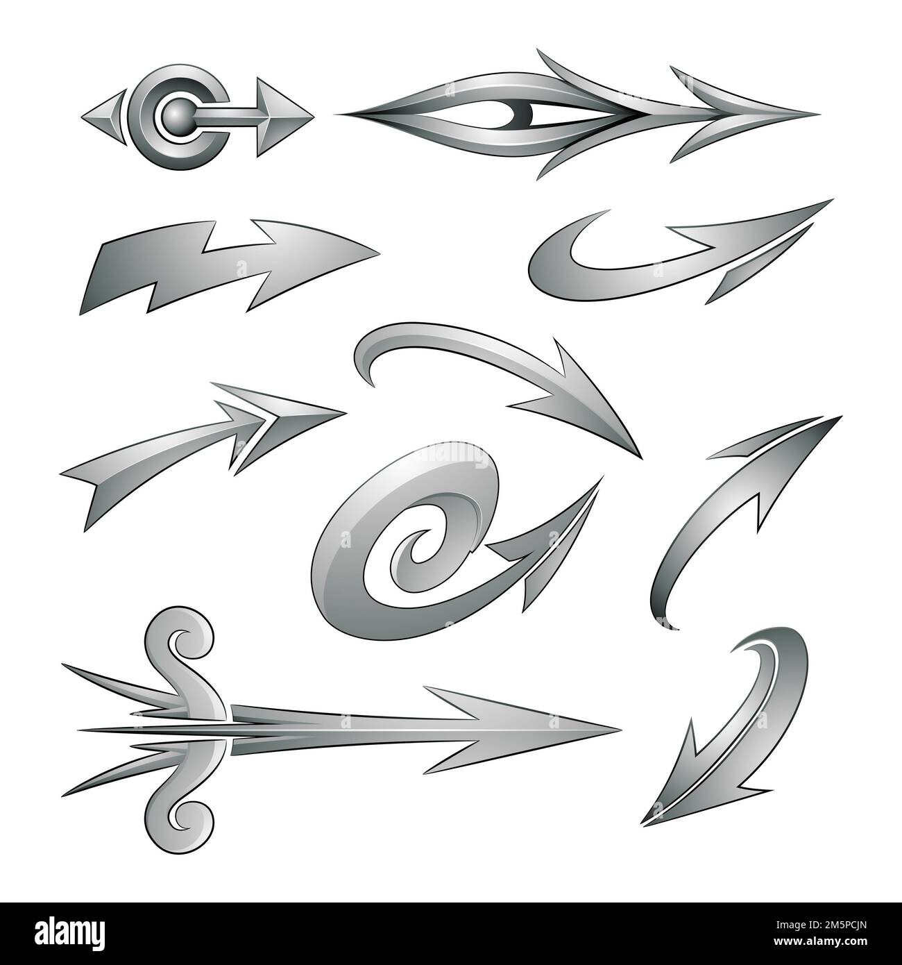 Illustration of Various Shaped Curvy Silver Arrows isolated on a White ...