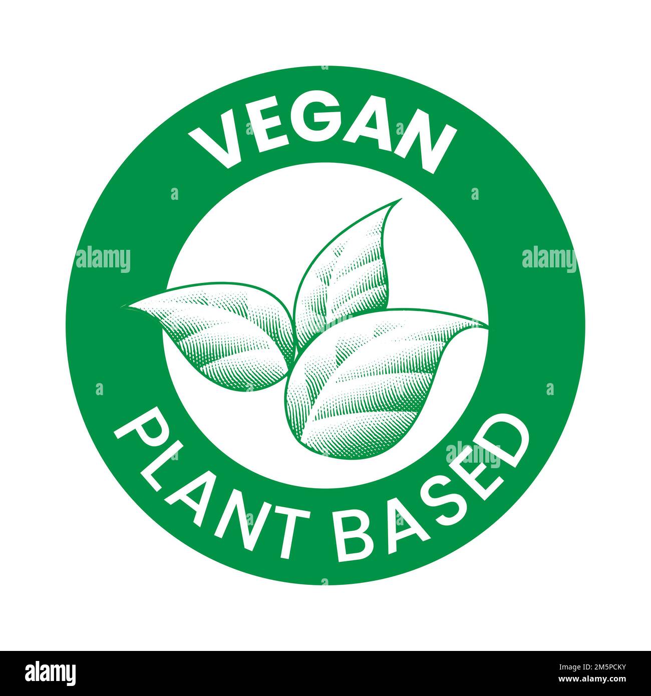 Vegan Plant Based Engraved Round Icon with Green Shaded Leaves isolated ...