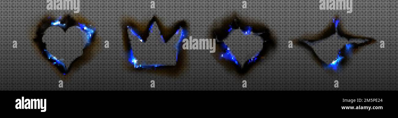 Set of burnt holes png with blue fire and black ash on edges ...