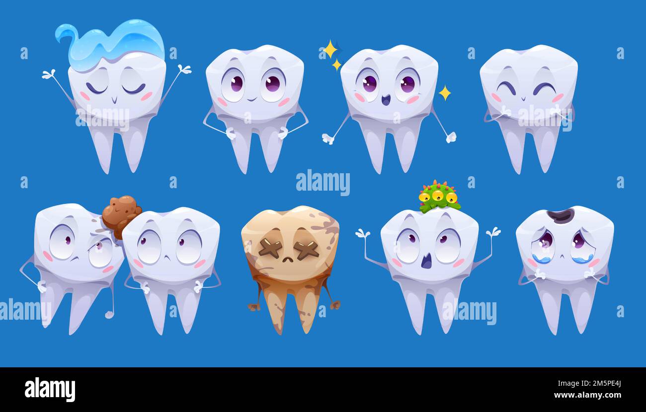 Teeth cartoon characters, clean and dirty tooth personages. Dental ...