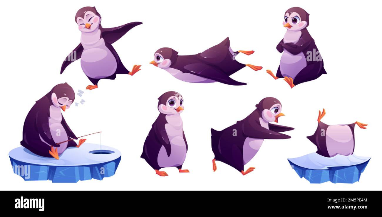 Cute penguin cartoon character isolated set. Kawaii animal life on ...
