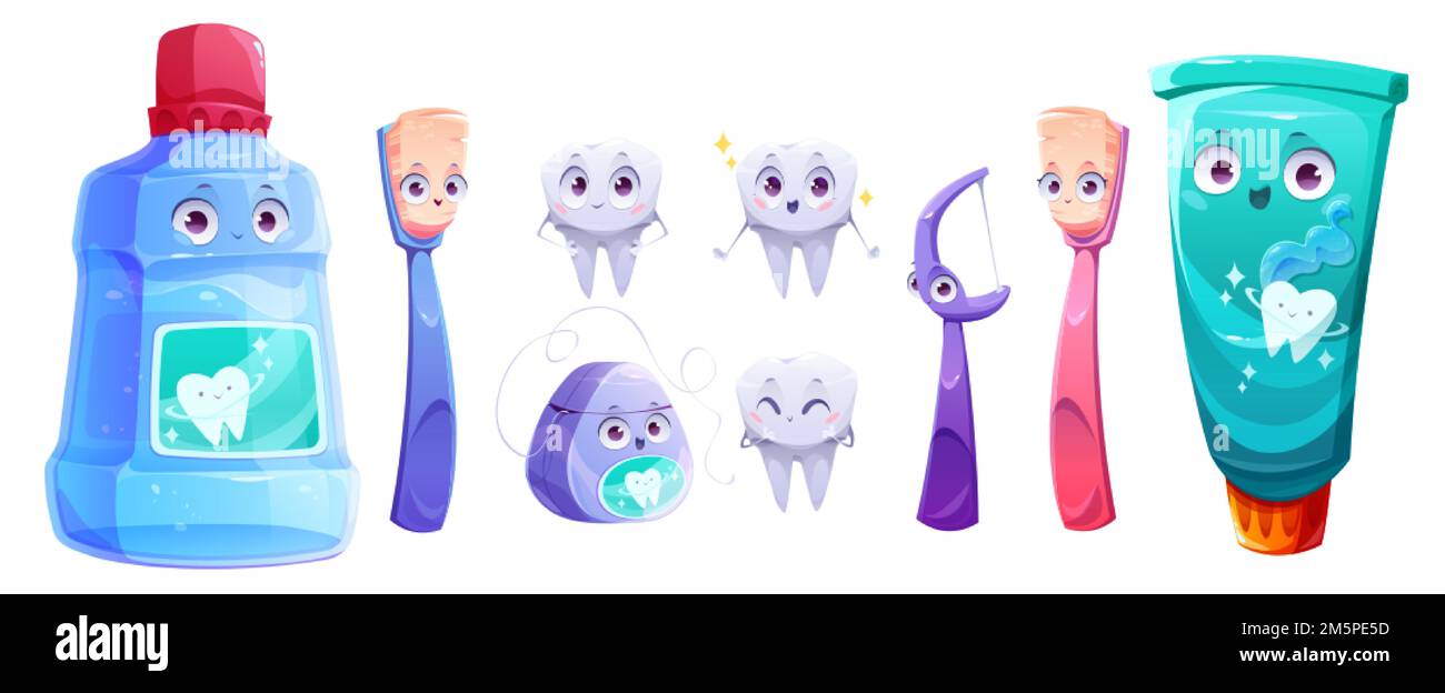 Teeth care product cartoon characters. Smiling animated mouth wash ...