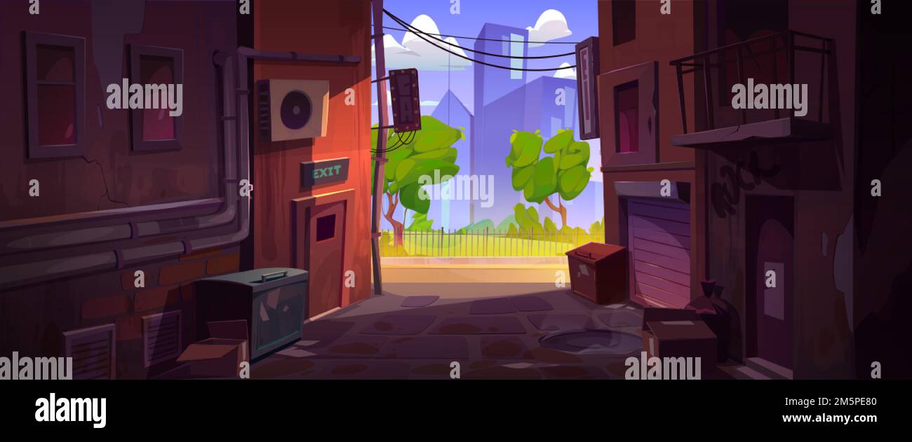 Empty back alley and city street with houses at summer. Town landscape ...