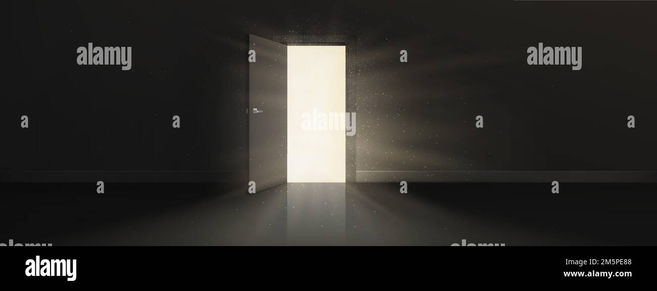 Open door with bright light behind in dark room. Concept of future, new ...