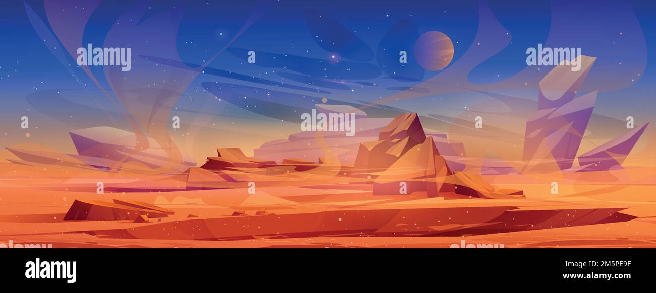 Mars surface, alien planet landscape with sand or dust storm. Cartoon ...