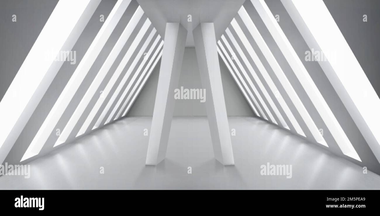 Futuristic white interior with rectangular columns and large windows ...