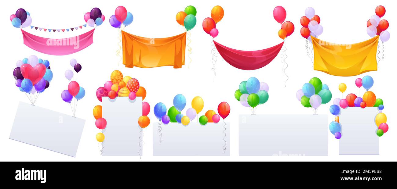 Helium balloons and banners isolated set. Multicolored decoration for ...