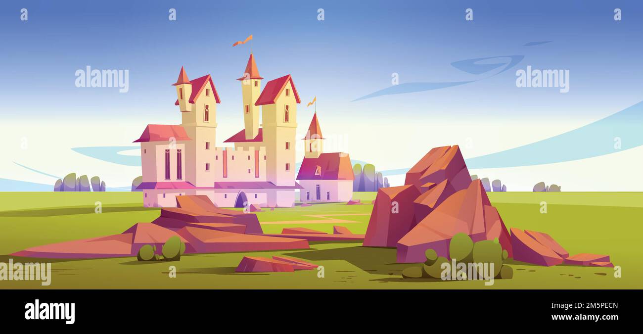 Medieval castle on green field, magic fairy tale palace with turrets ...