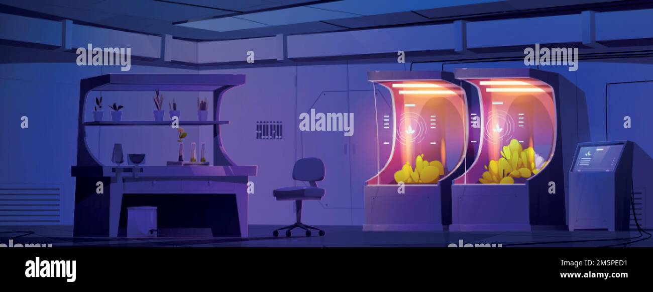 Night laboratory interior with plants growing equipment. Futuristic ...