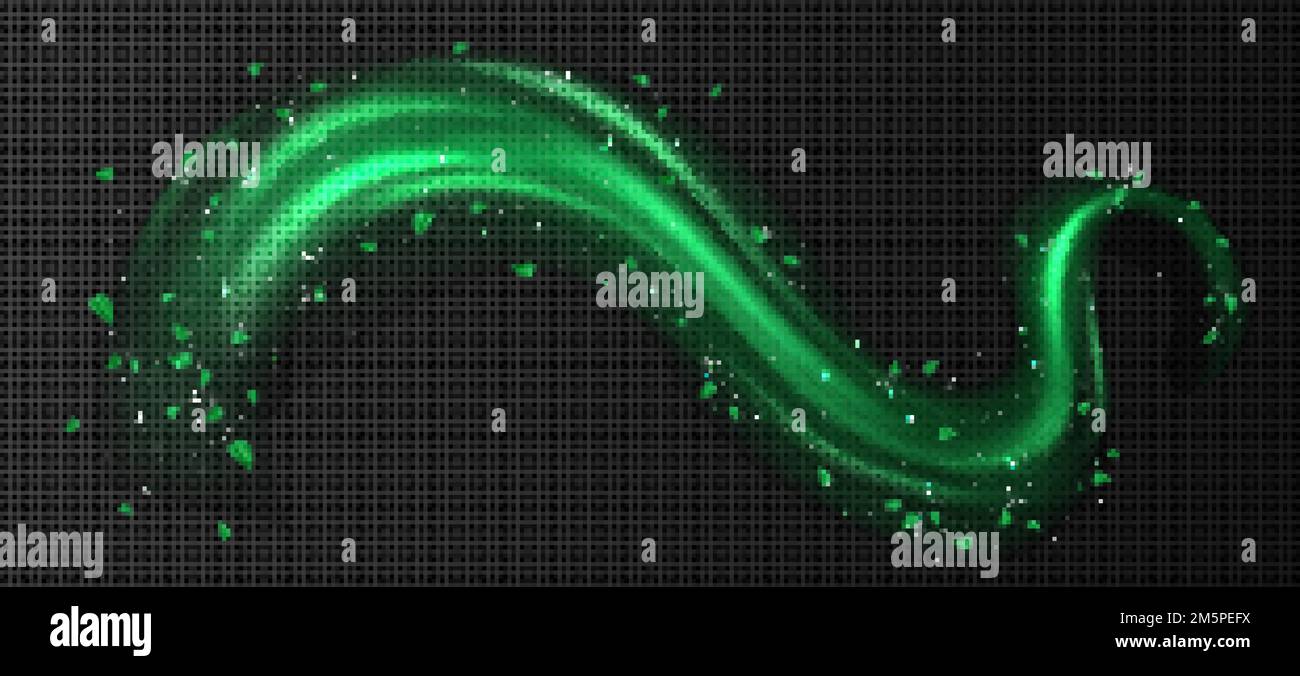 Fresh wind flow with flying green leaves and sparkles. Abstract motion ...