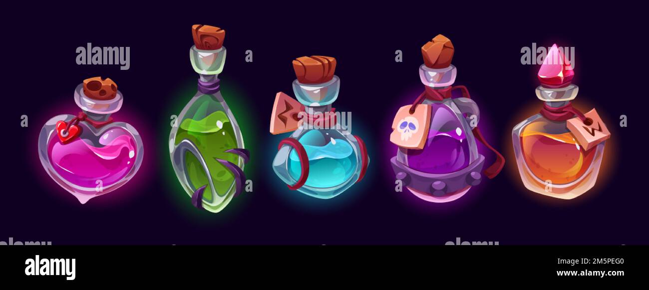Cartoon set of magic potion bottles isolated on black background ...